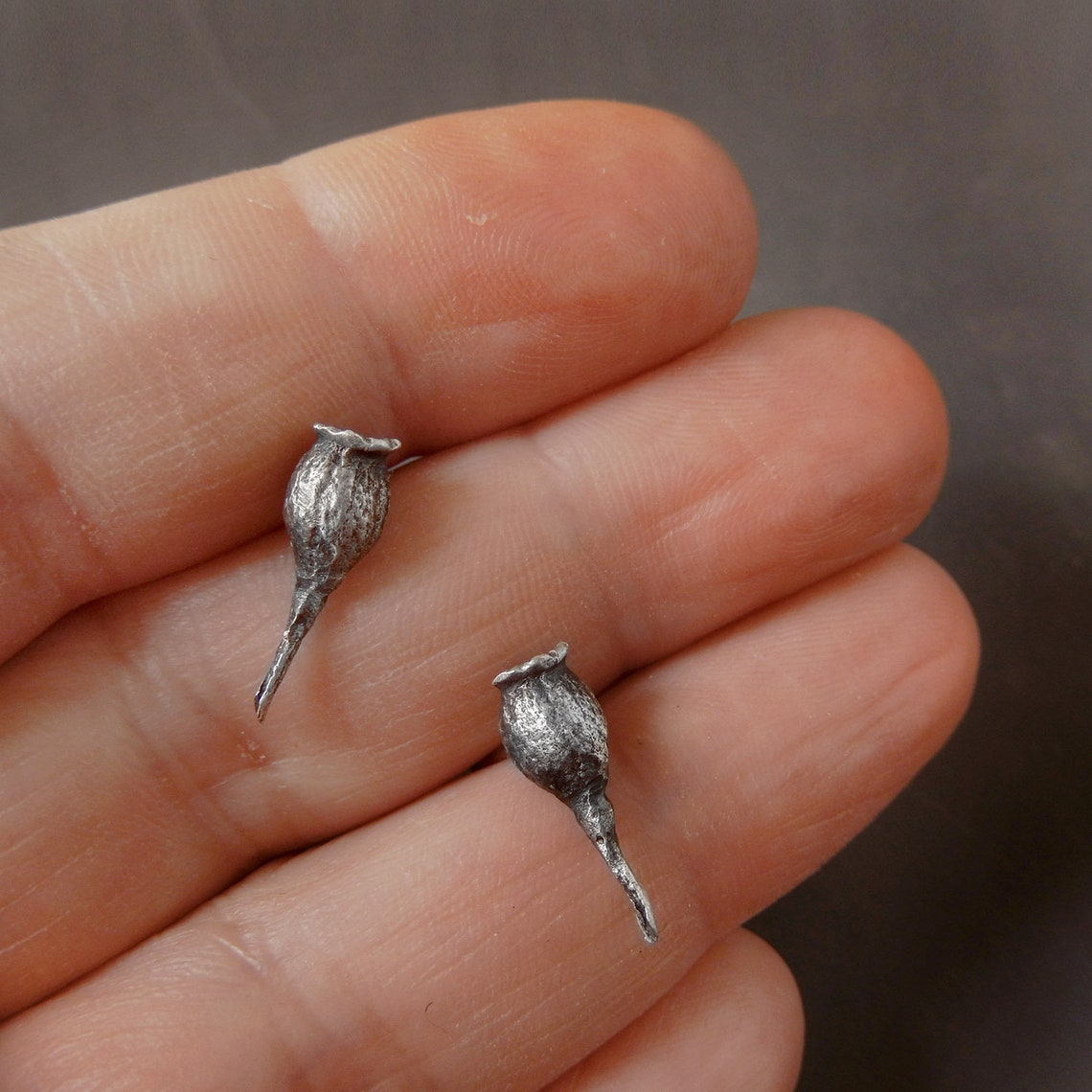 Dark silver seeds pods studs botanical earrings. Darkened | Etsy