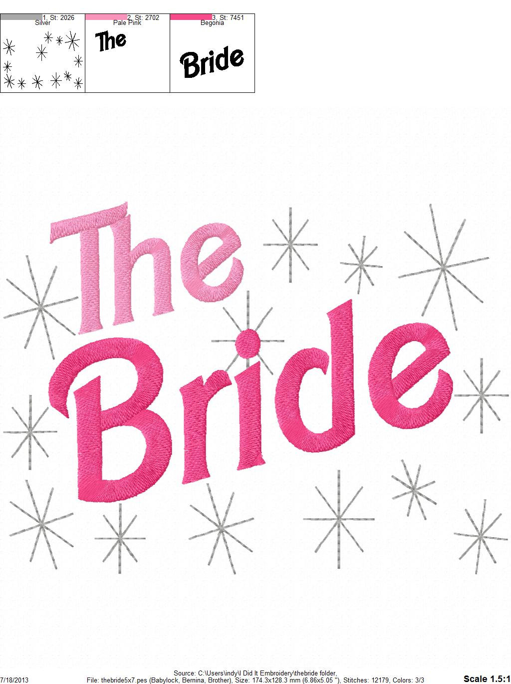 Wedding Embroidery Design the Bride 4x4 5x7 6x10 Hoop Instant - Etsy