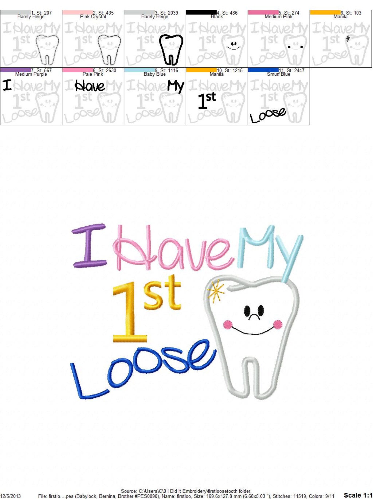 Tooth Embroidery Design I Have My First Loose Tooth Appliqué 4x4 5x7 ...