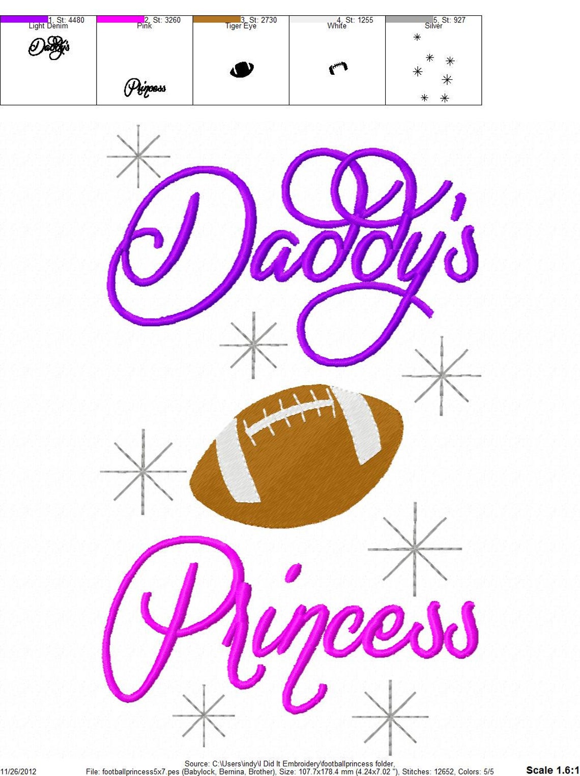 Football Embroidery Design Daddy's ( Football ) Princess Sports ...