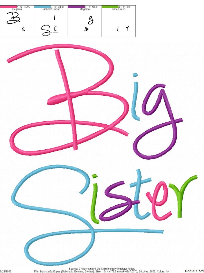 Big Sister Embroidery Design Fill in 4x4 5x7 6x10 Hoop Embroidery ...