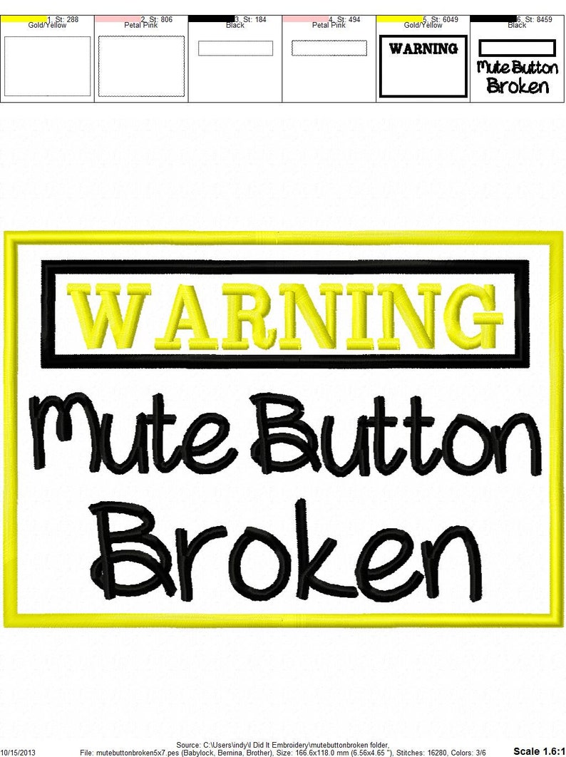 Baby Embroidery Design Warning Mute Button Broken Funny - Etsy