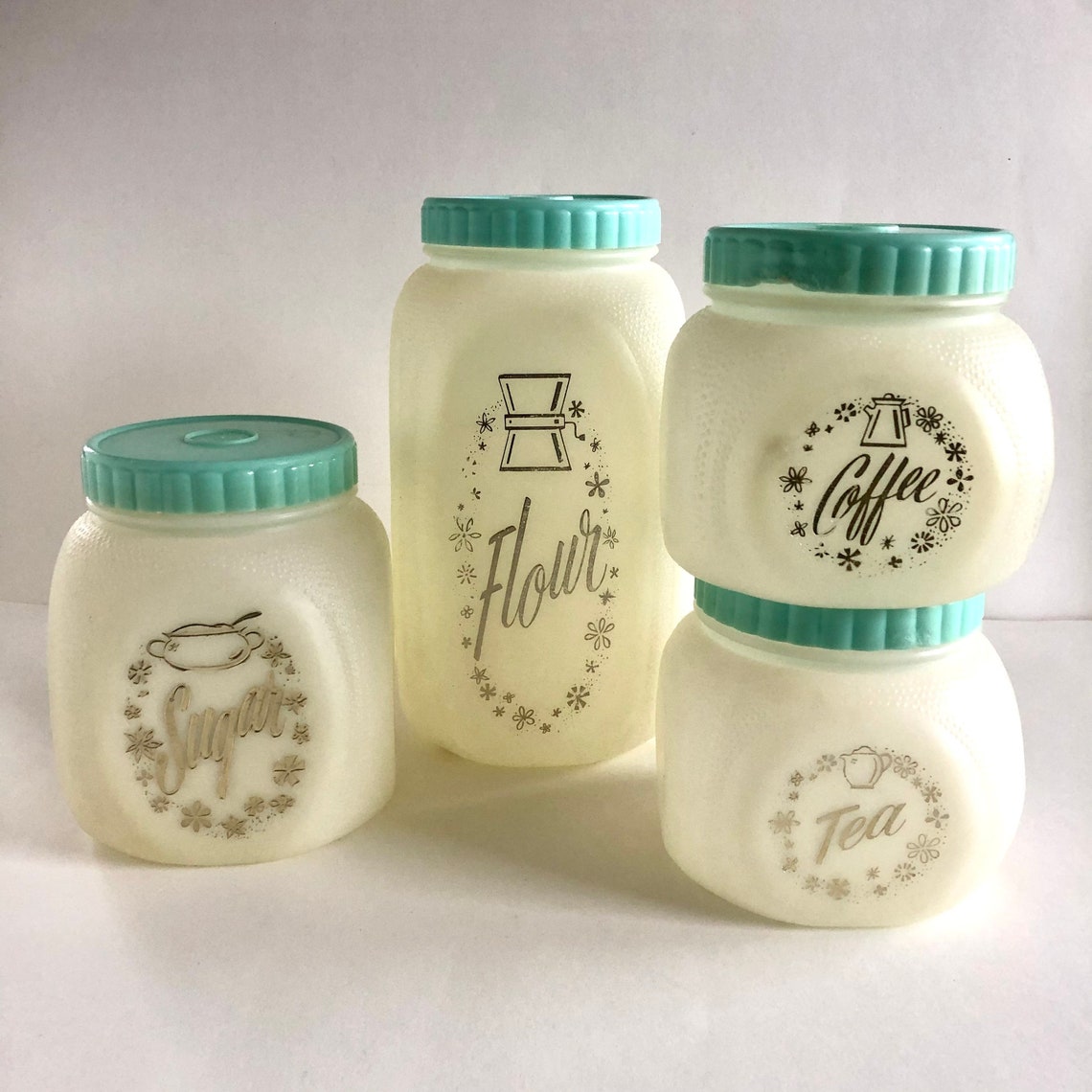 Mid-Century Bee Plastics 4 Canister Set with Aqua/Mint Lids | Etsy