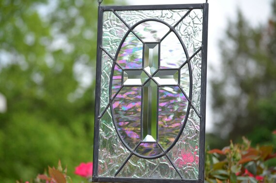 Cross Stained Glass Panels Holy Cross" Religious Stained Glass Window