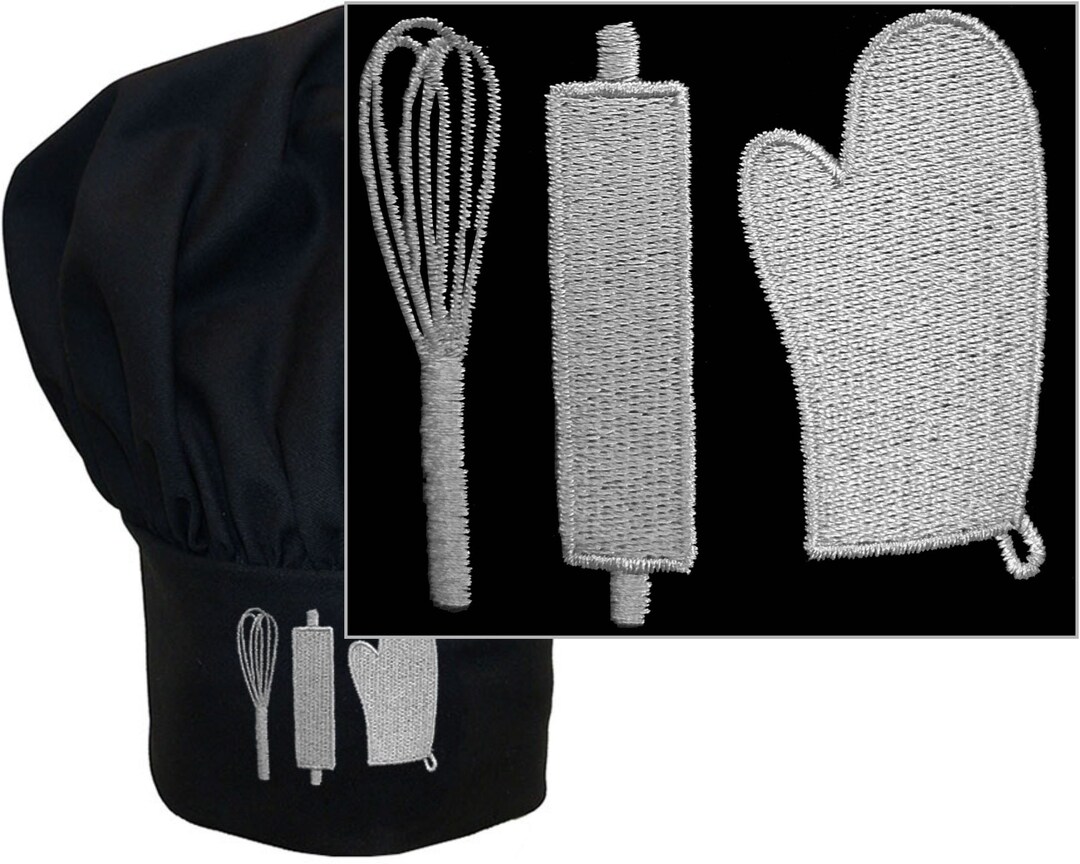 Whisk Rolling Pin Oven Mitt Monogram on Chef Hat Kitchen Toque Cap Baking Tools Custom ...