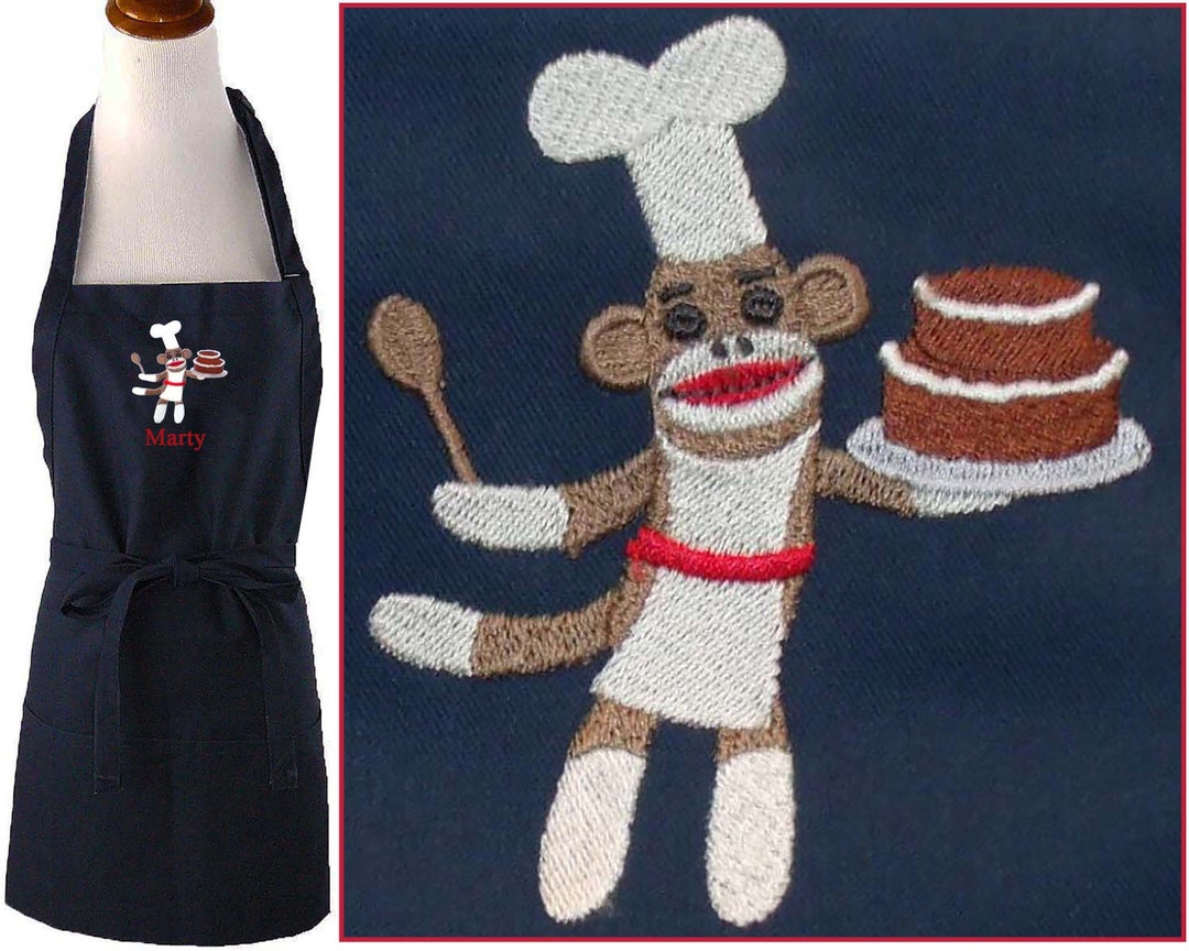 Sock Monkey Cake Baker Monogram on Apron Personalized Youth or Adult ...