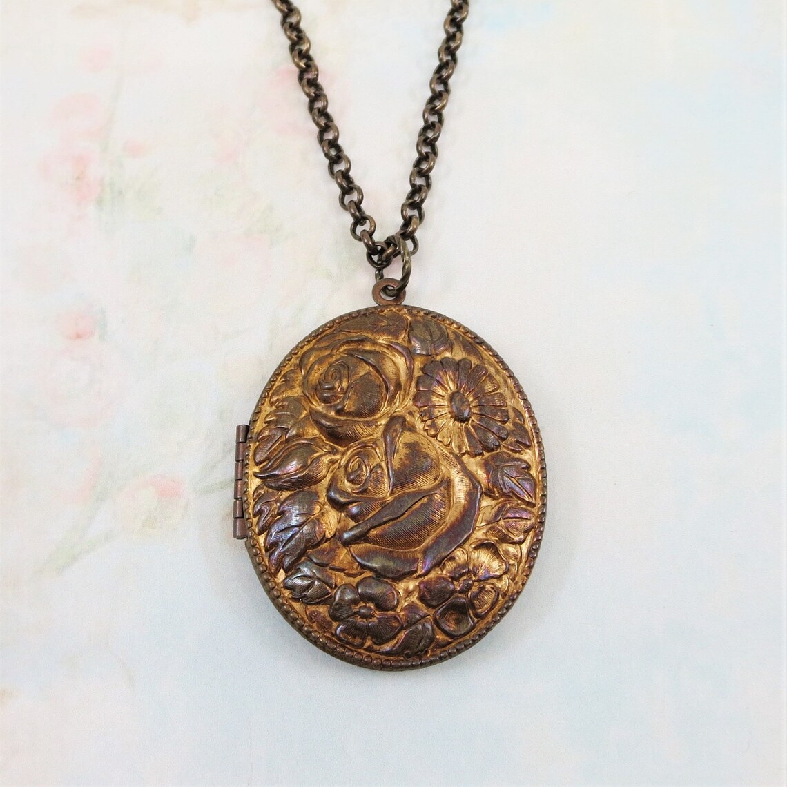 Vintage Locket Rose Locket Flower Locket Large Oval Locket | Etsy