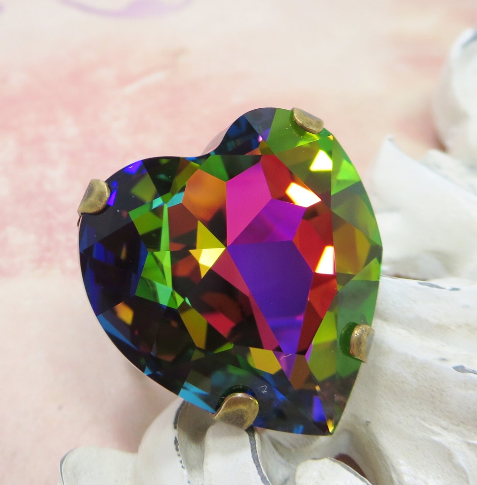Heart Ring Swarovski Crystal Vitrail Rainbow Large Rhinestone - Etsy