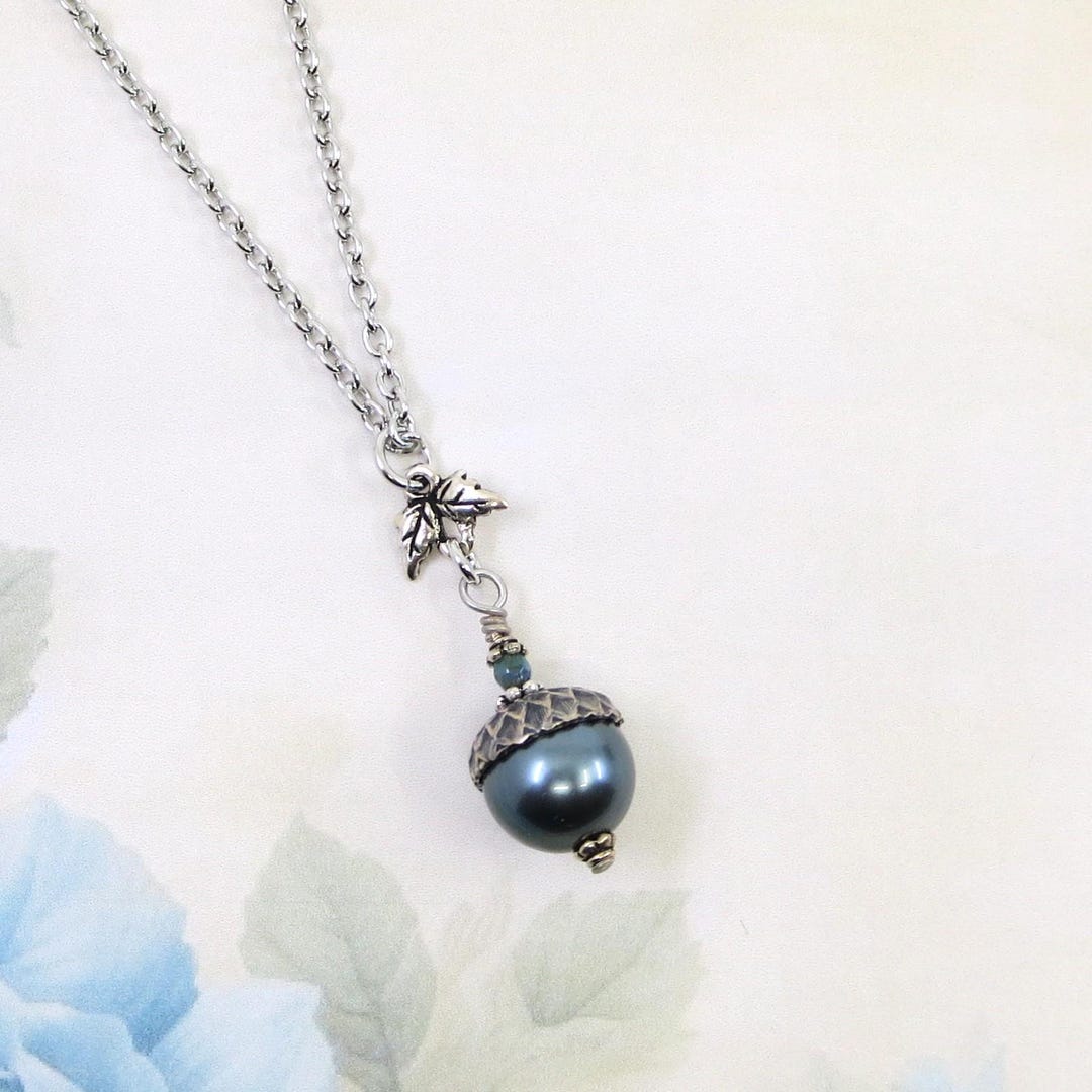 Pearl Acorn Necklace, Teal Pearl Acorn Necklace, Tahitian-look Pearl ...
