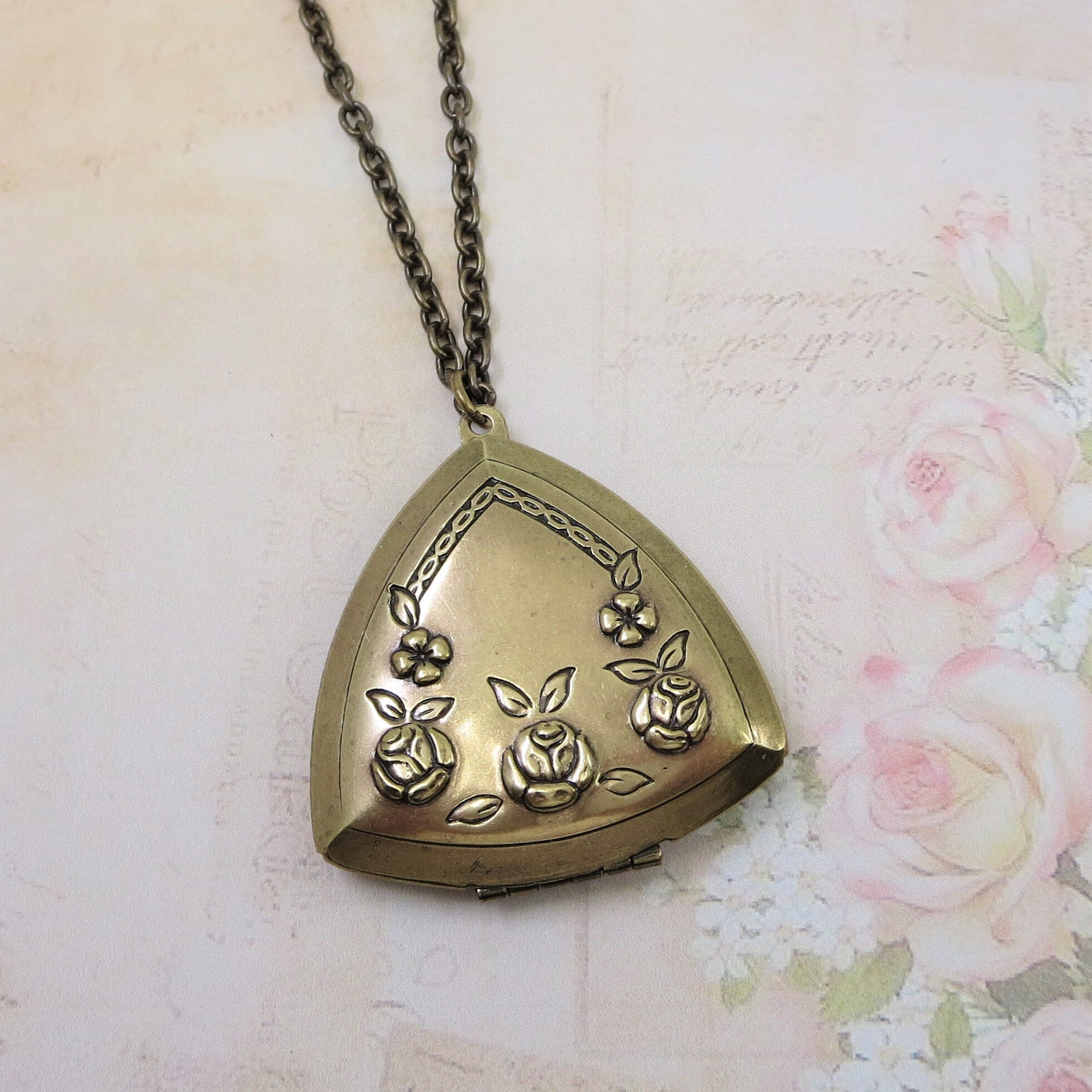 Triangle Locket Rose Locket Flower Locket Art Deco Locket | Etsy