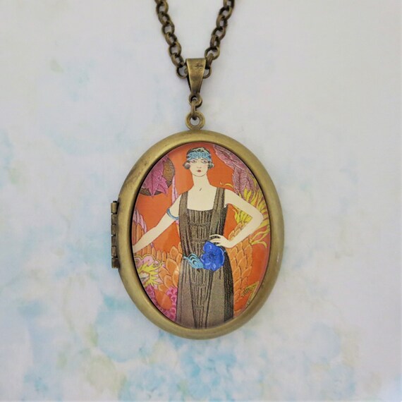 Art Deco Locket Art Glass Locket Large Oval Photo Locket Art | Etsy