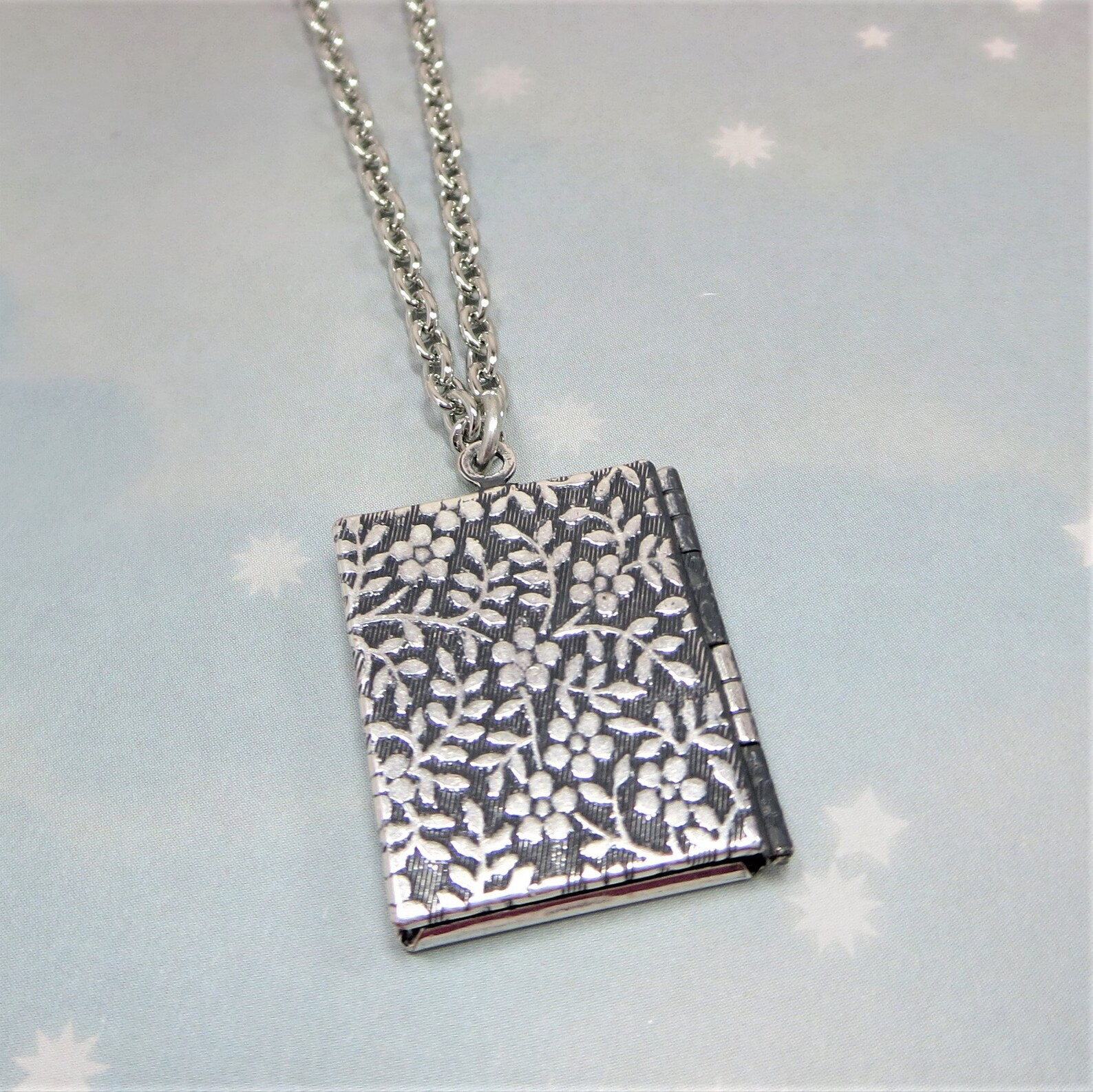 Silver Book Locket Necklace Pendant Rhodium Chain Victorian | Etsy