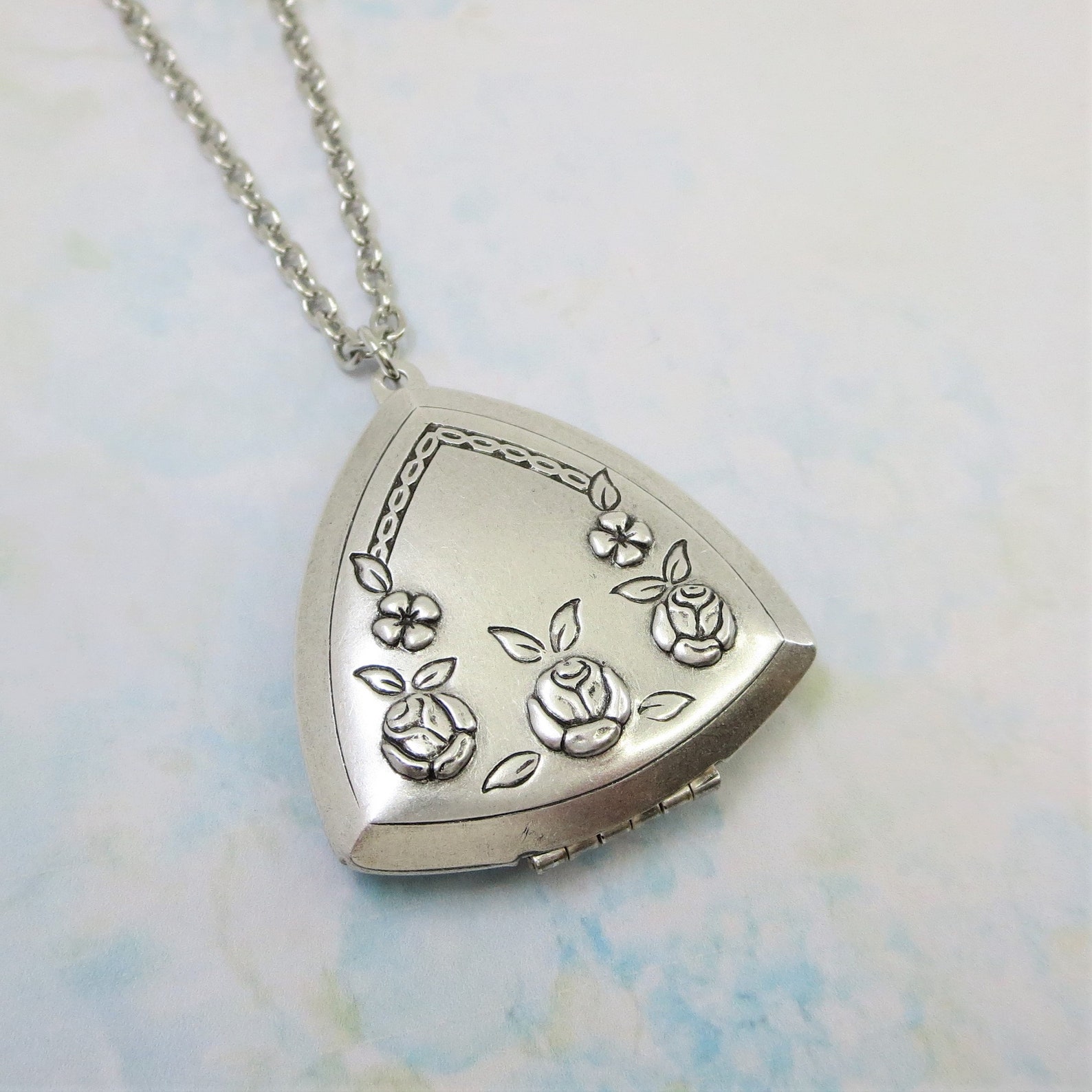 Silver Triangle Locket Rose Locket Flower Locket Art Deco | Etsy