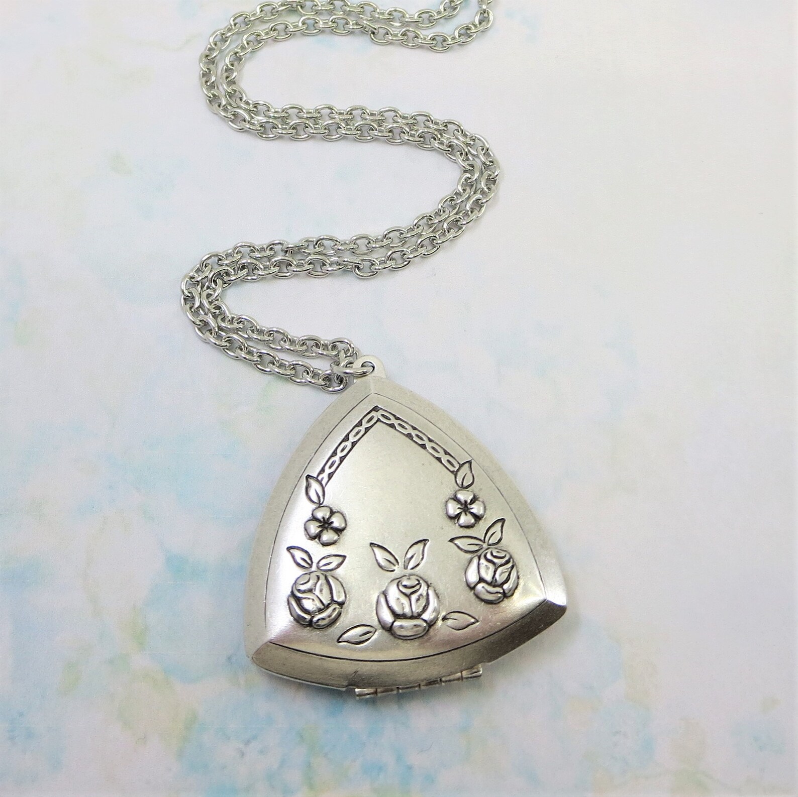 Silver Triangle Locket Rose Locket Flower Locket Art Deco | Etsy