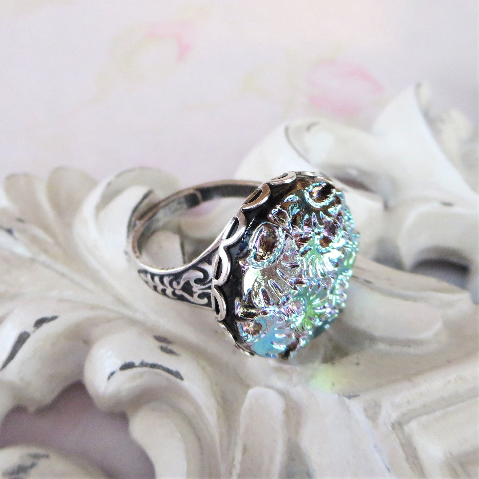 Tapestry Glass Carnival Glass Flower Ring Victorian Style - Etsy