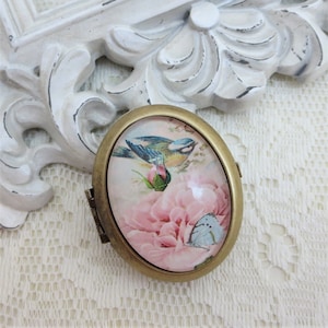 Blue Bird Trinket Box Bluebird Case Compact Pink Rose Flower - Etsy