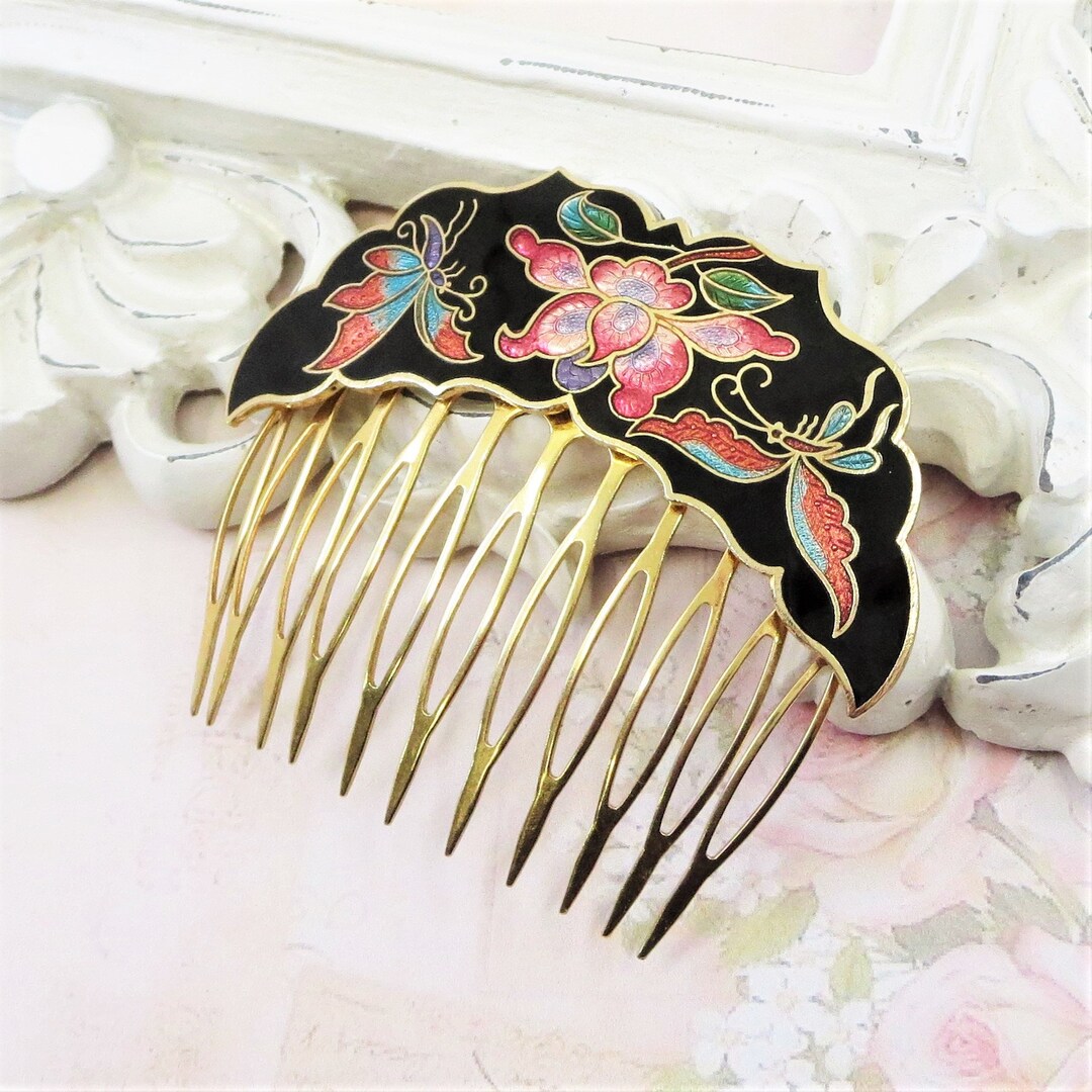 Vintage Cloisonne Hair Comb Black Vintage Enamel Butterfly Hair Comb ...
