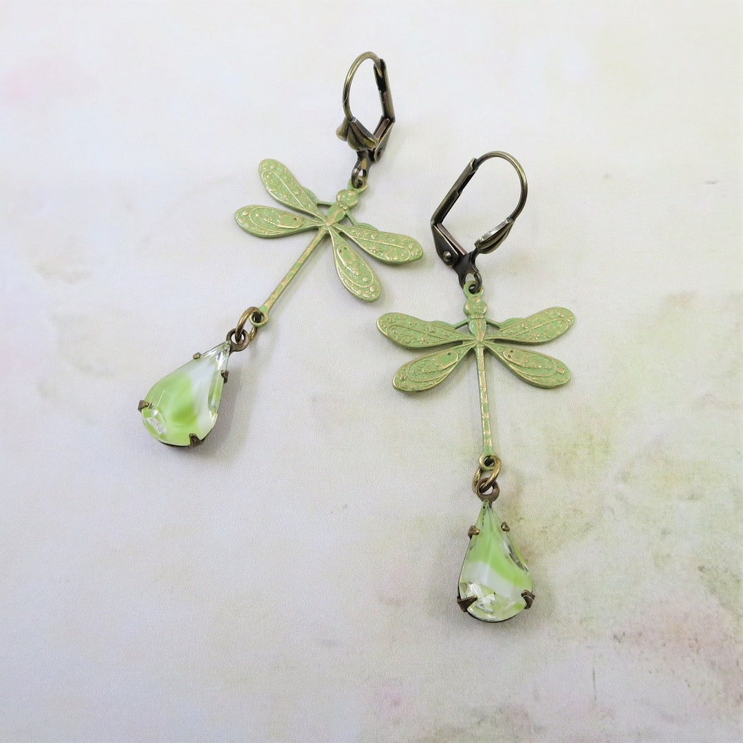Green Dragonfly Earrings Green Patina Dragonfly Earrings Insect ...