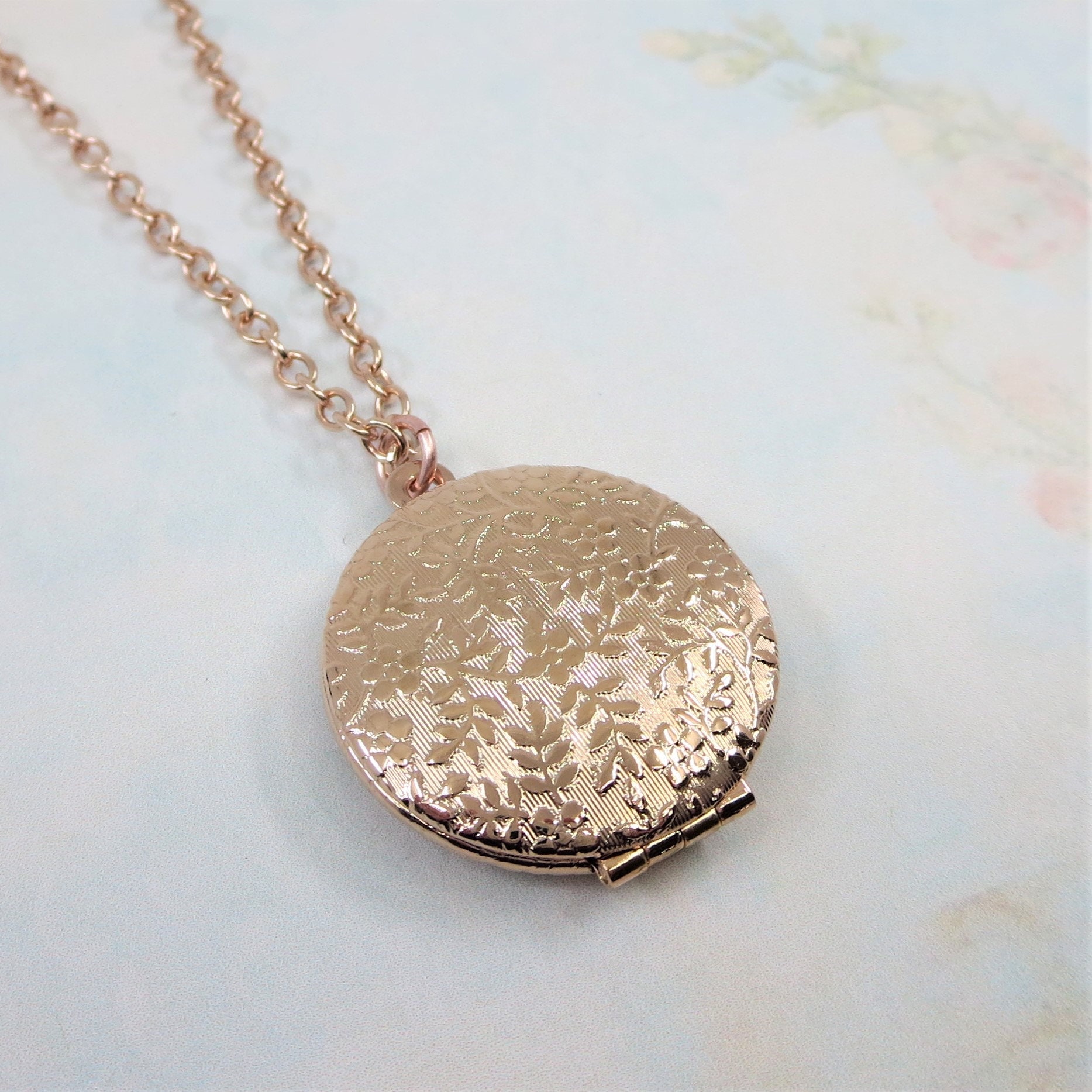 Rose Gold Locket Round Locket Rose Gold Flower Locket Photo | Etsy