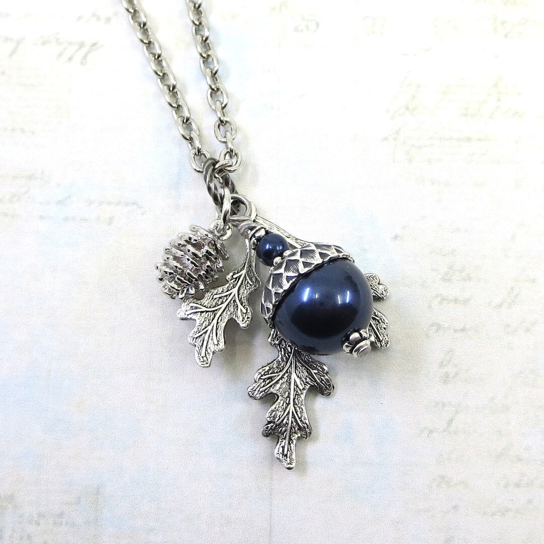 Pearl Acorn Necklace, Night Blue Pearl Acorn Necklace, Oak Leaf ...
