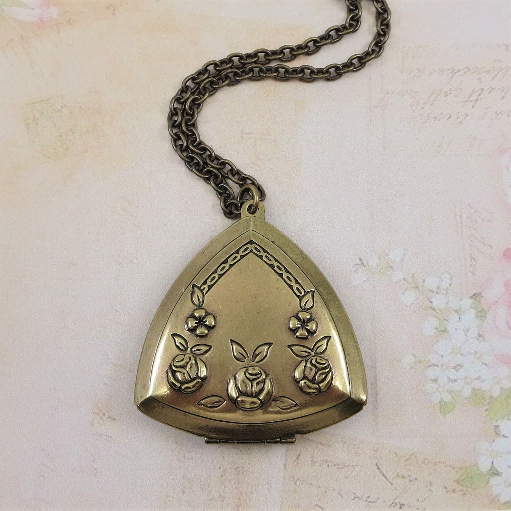 Triangle Locket Rose Locket Flower Locket Art Deco Locket | Etsy