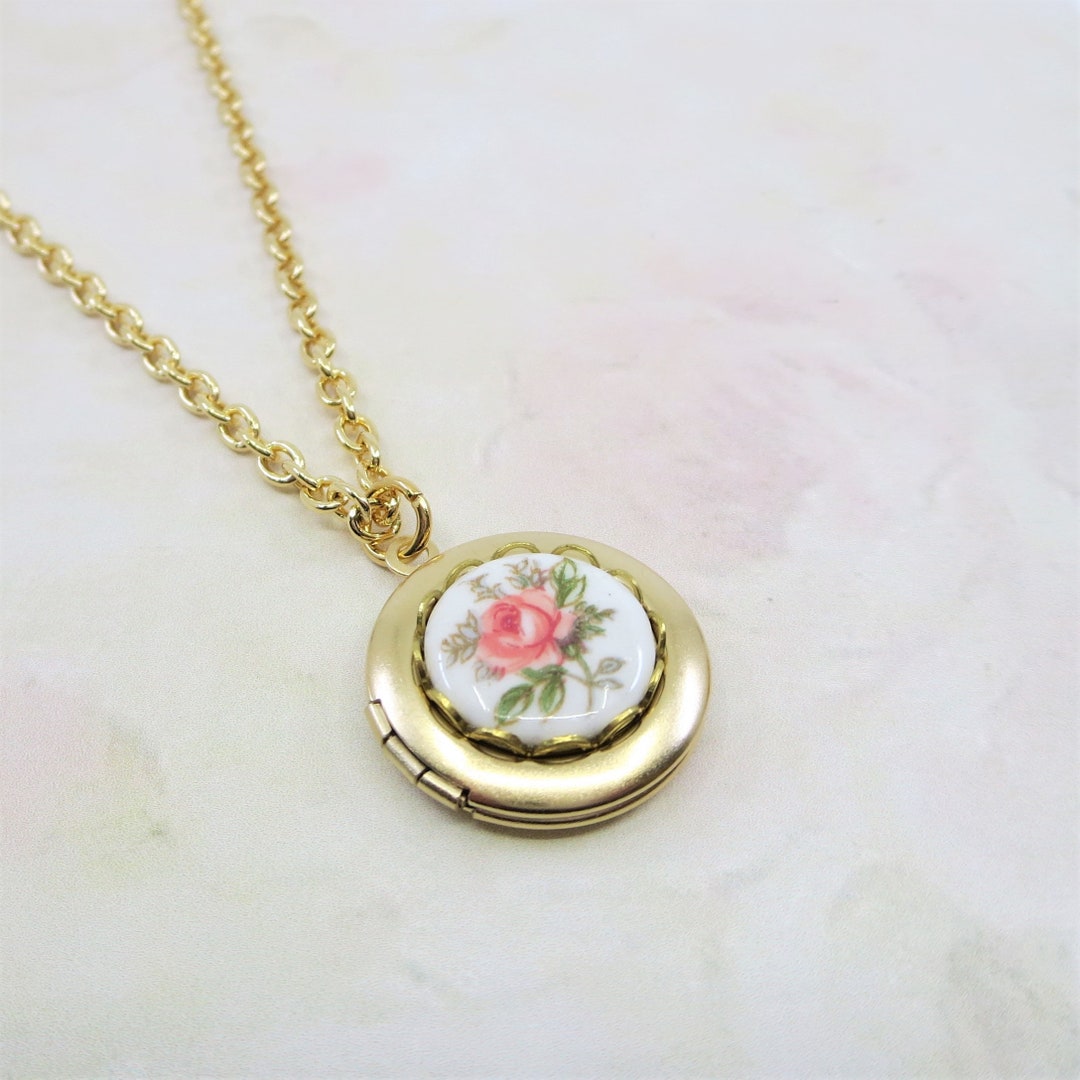 Pink Rose Locket Gold Locket Small Round Locket Vintage Locket Jewelry ...
