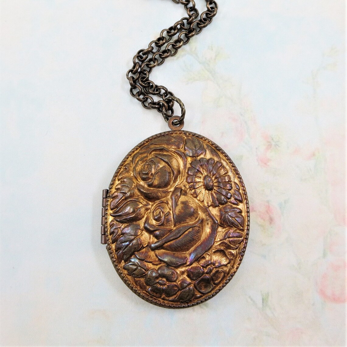 Vintage Locket Rose Locket Flower Locket Large Oval Locket | Etsy