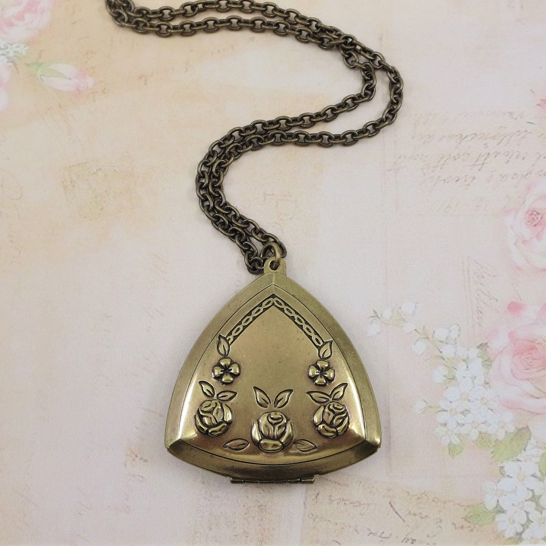 Triangle Locket Rose Locket Flower Locket Art Deco Locket | Etsy