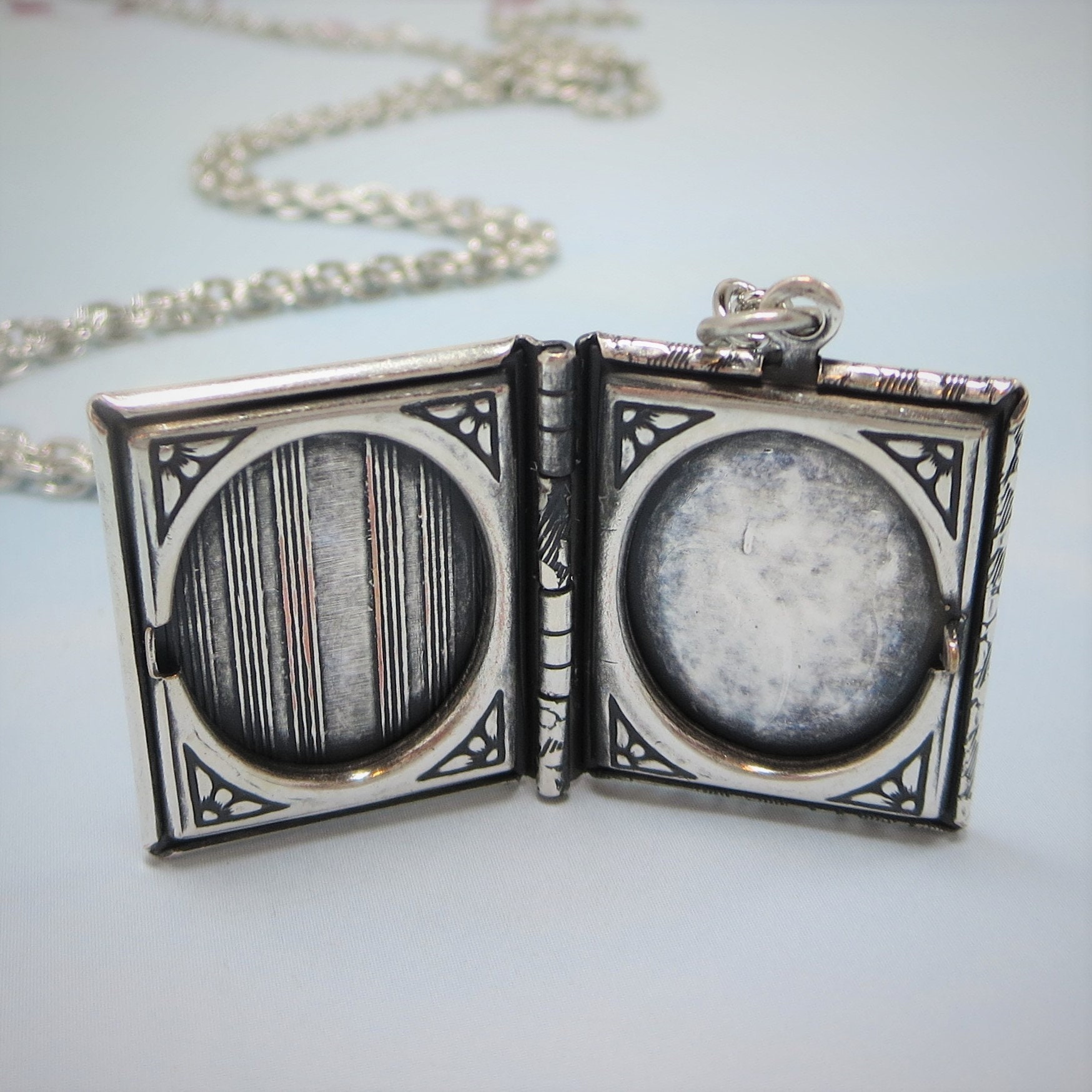 Silver Book Locket Necklace Pendant Rhodium Chain Victorian | Etsy