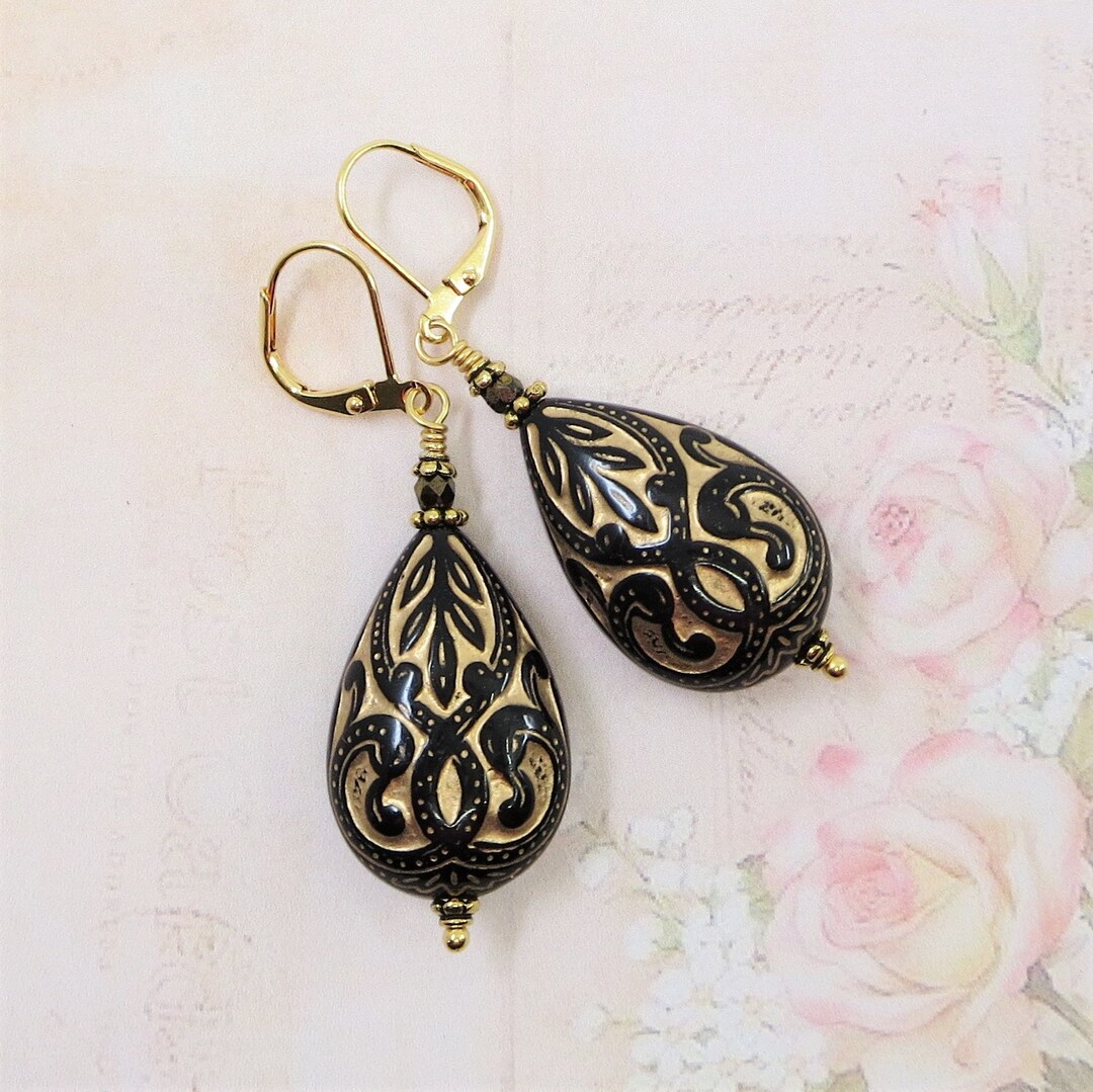 Black Gold Earrings Teardrop Earrings Boho Glam Holiday Jewelry Gift - Etsy