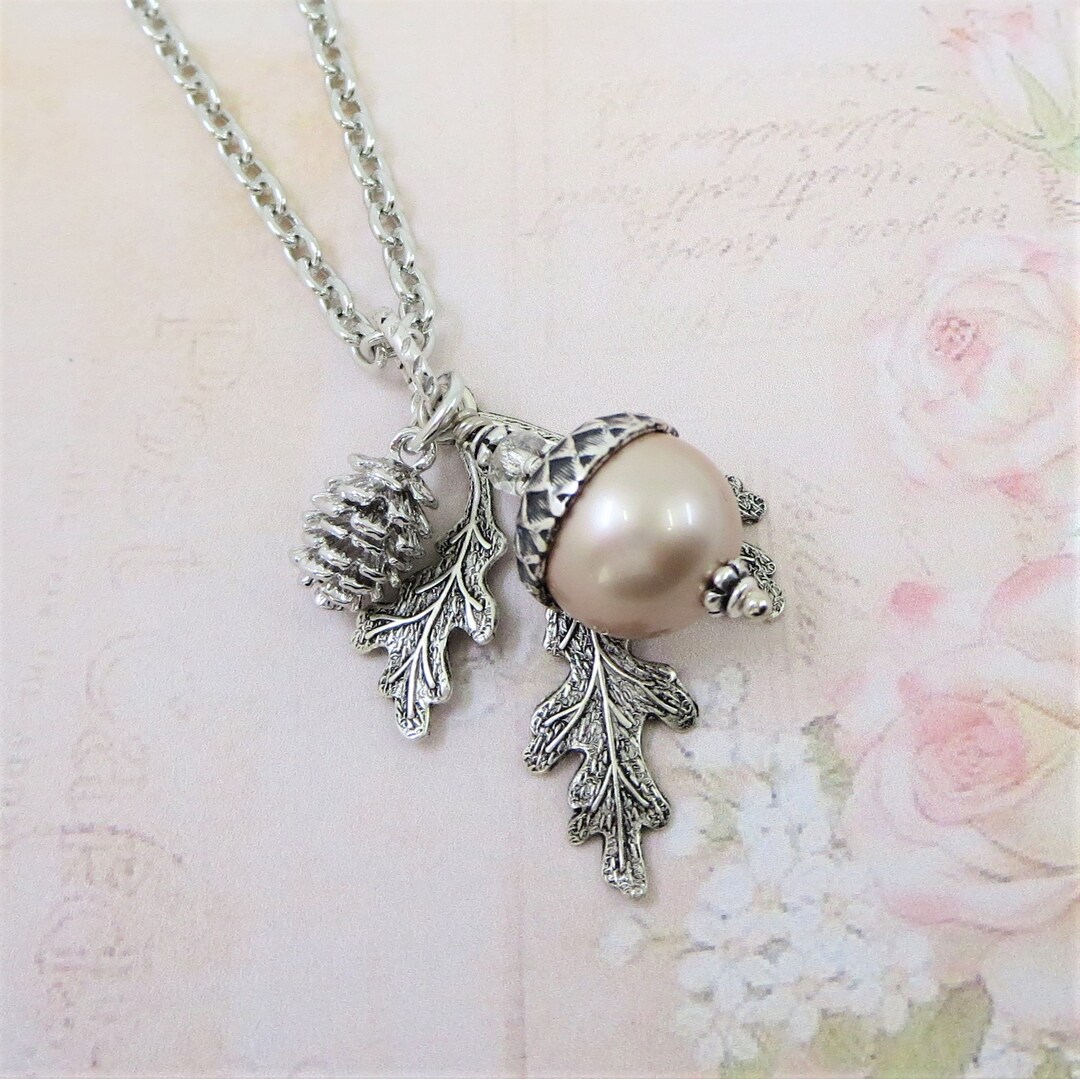 Pearl Acorn Necklace, Oak Branch Necklace, Pinecone Necklace, Blush ...