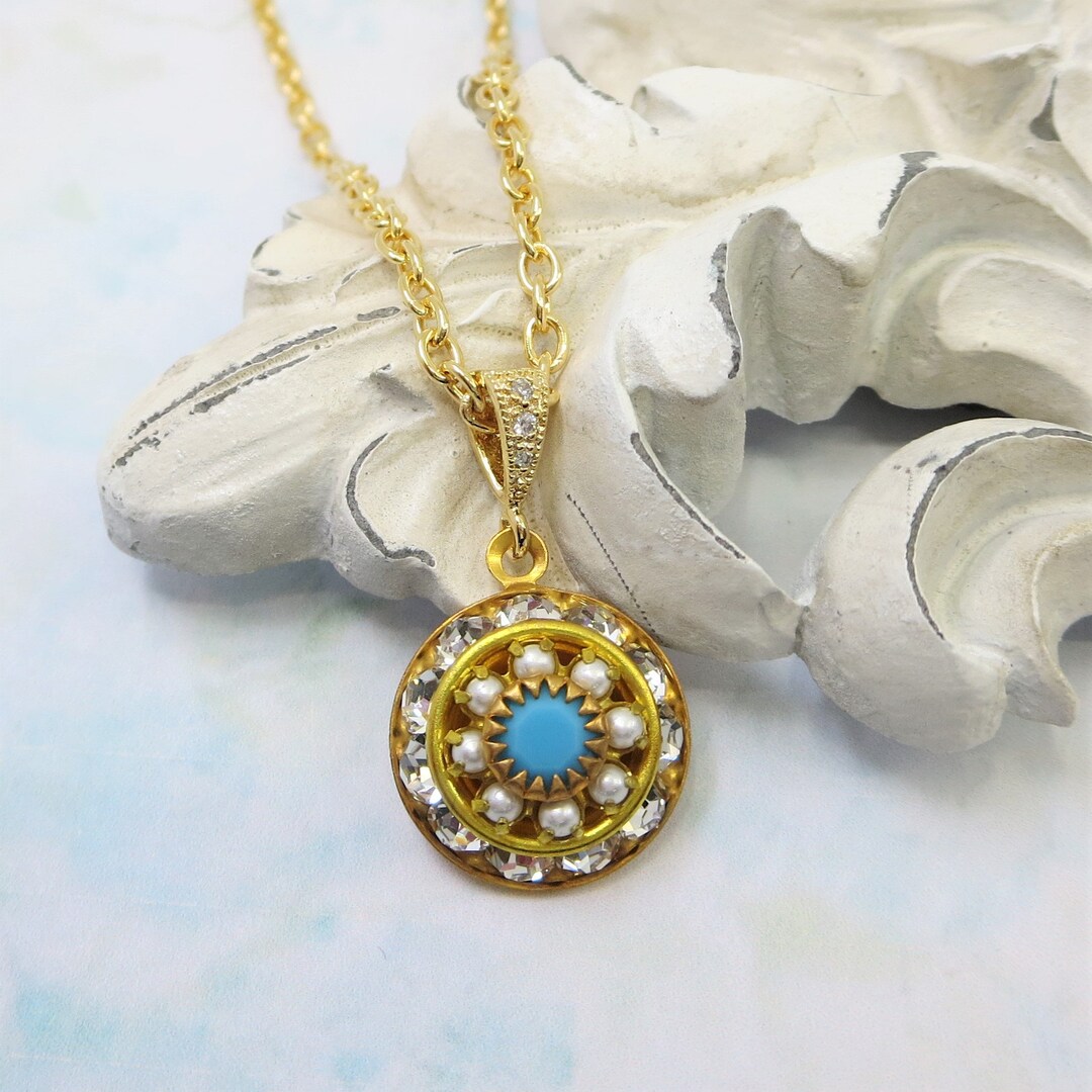 Turquoise Blue Necklace, Blue Necklace, Rhinestone Pendant, Crystal ...