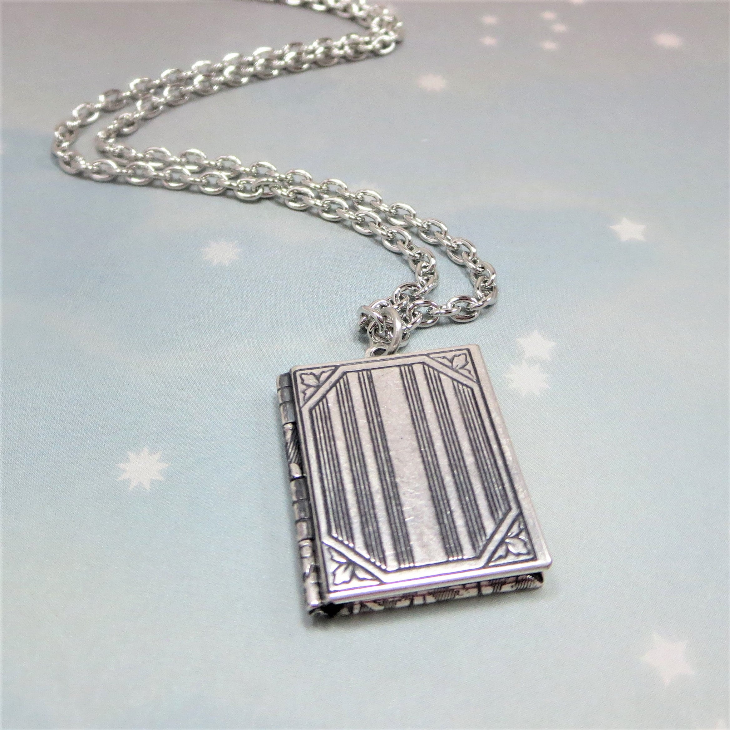 Silver Book Locket Necklace Pendant Rhodium Chain Victorian | Etsy