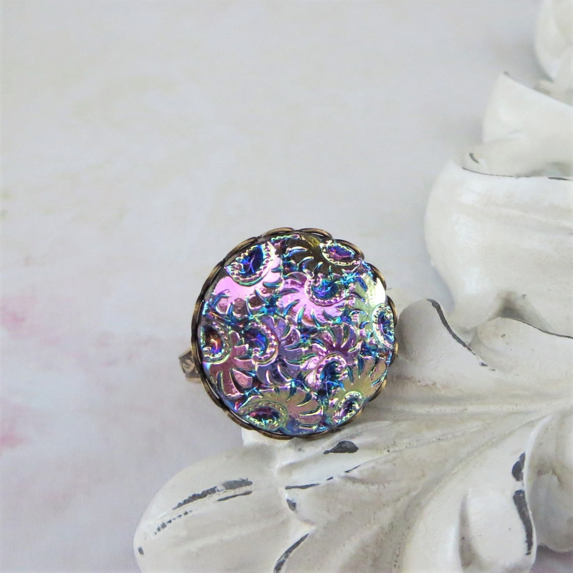 Tapestry Glass Carnival Glass Flower Ring Victorian Style - Etsy