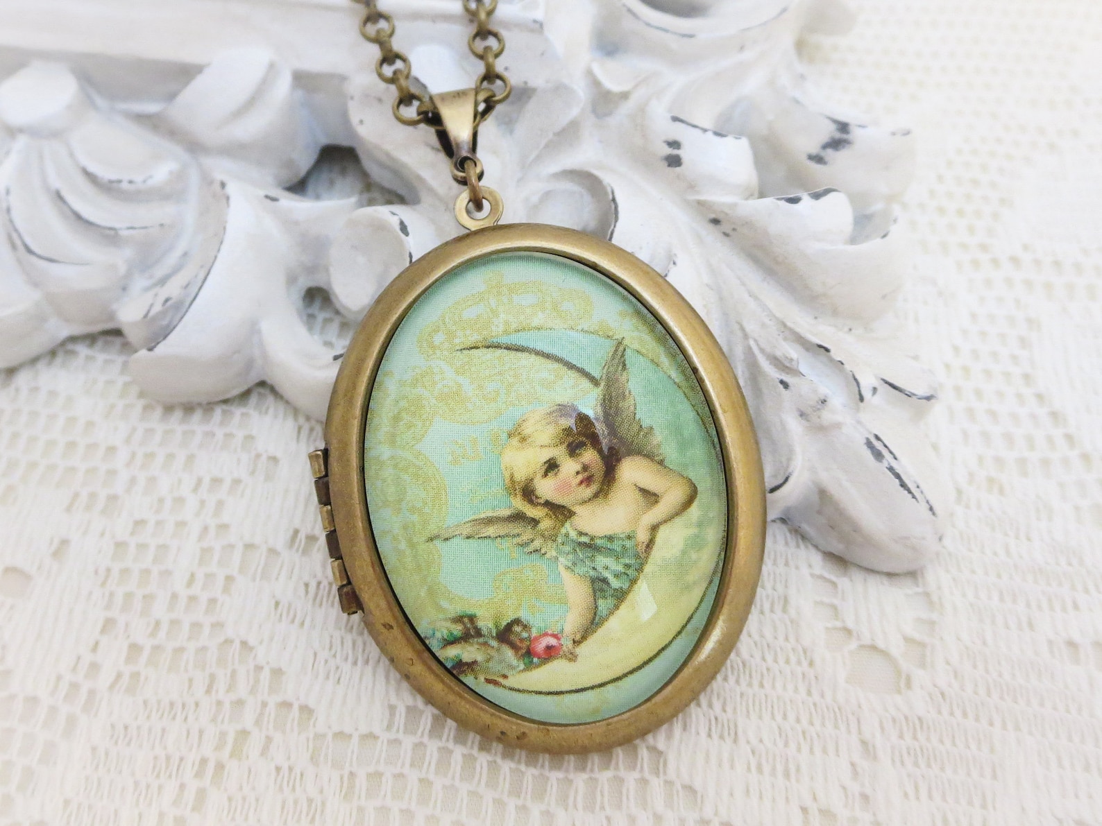 Angel Locket Angel on Moon Locket Art Glass Locket Large Oval | Etsy