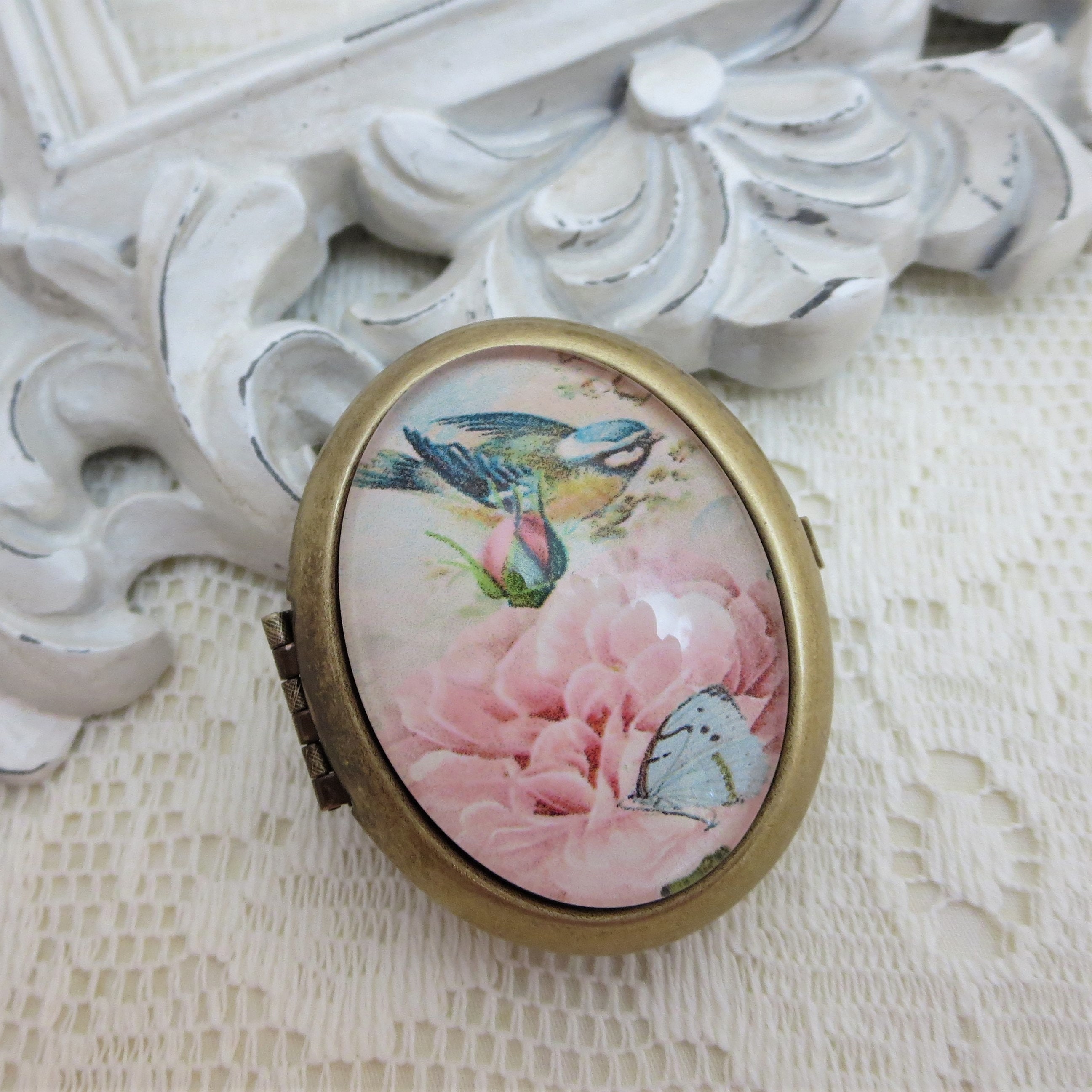 Blue Bird Trinket Box Bluebird Case Compact Pink Rose Flower | Etsy