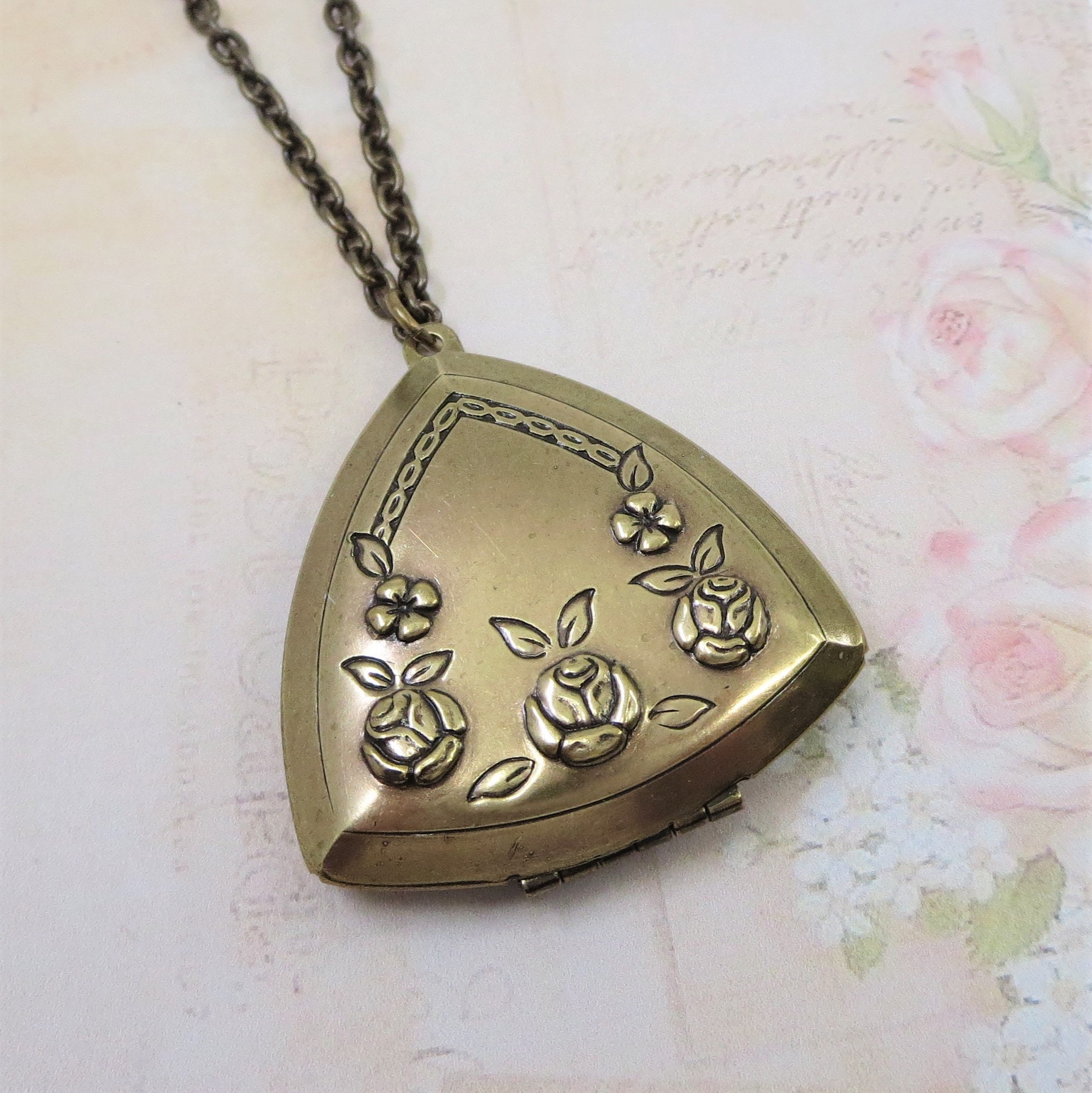 Triangle Locket Rose Locket Flower Locket Art Deco Locket | Etsy