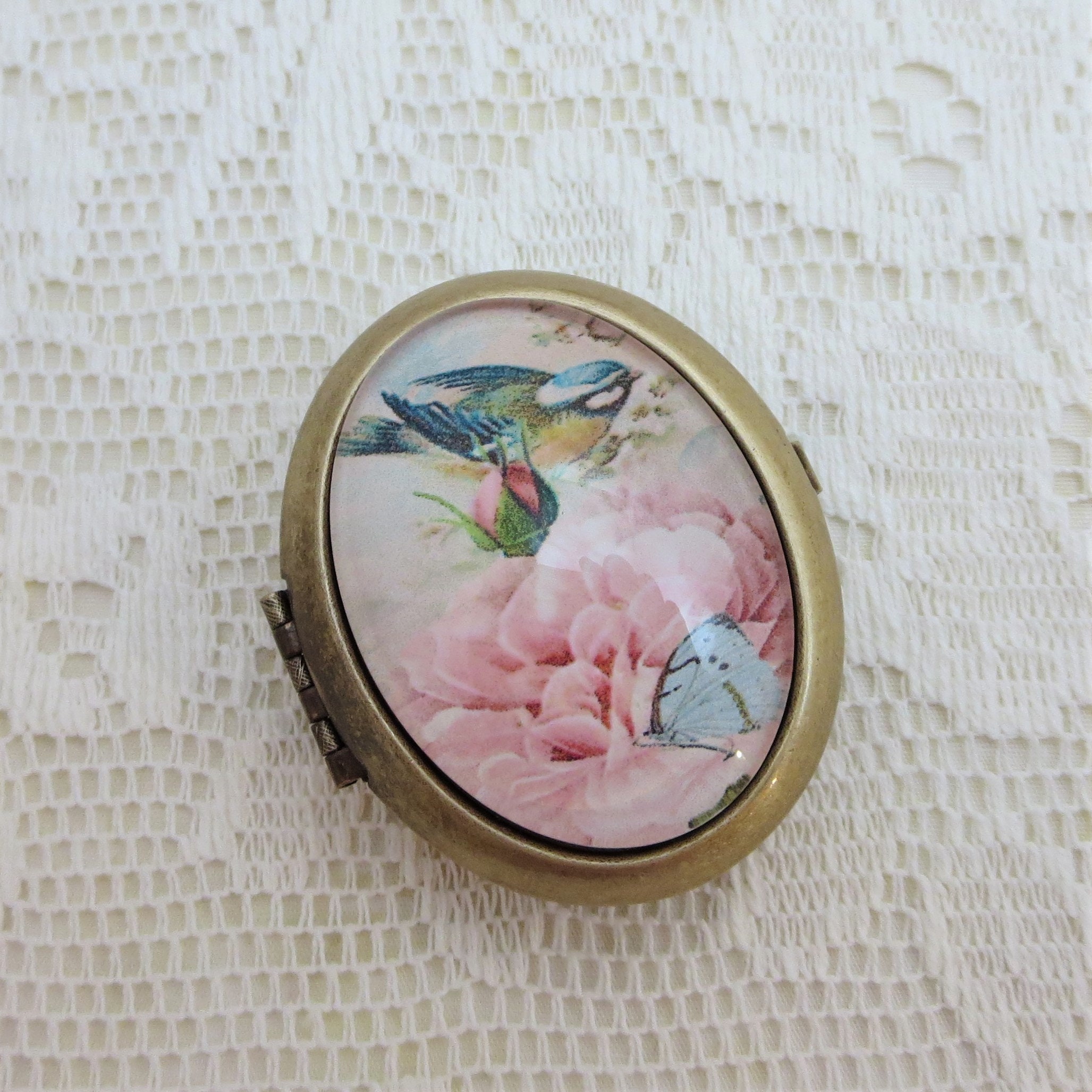 Blue Bird Trinket Box Bluebird Case Compact Pink Rose Flower | Etsy