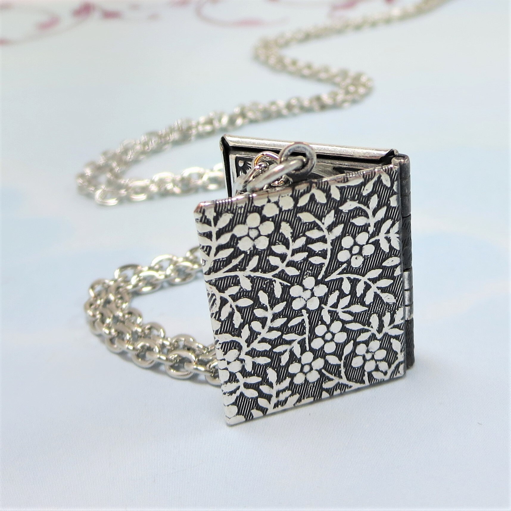 Silver Book Locket Necklace Pendant Rhodium Chain Victorian | Etsy