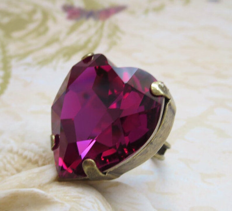 Heart Ring Swarovski Crystal Fuchsia Rhinestone Ring Large - Etsy