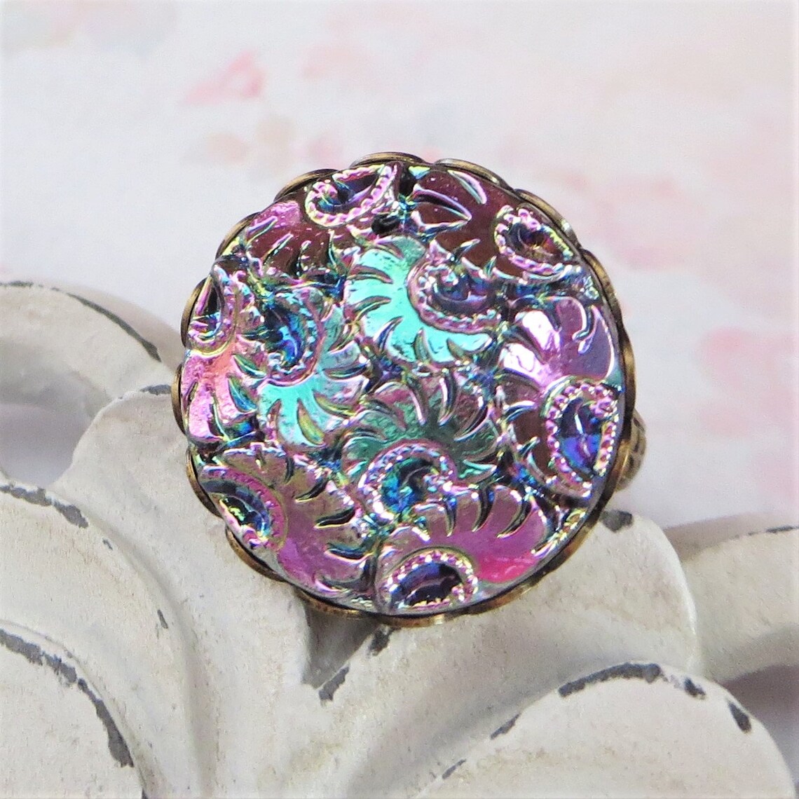 Tapestry Glass Carnival Glass Flower Ring Victorian Style - Etsy
