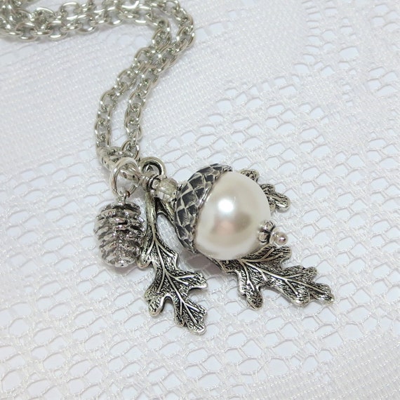 Pearl Acorn Necklace Oak Branch Necklace Acorn Pendant - Etsy