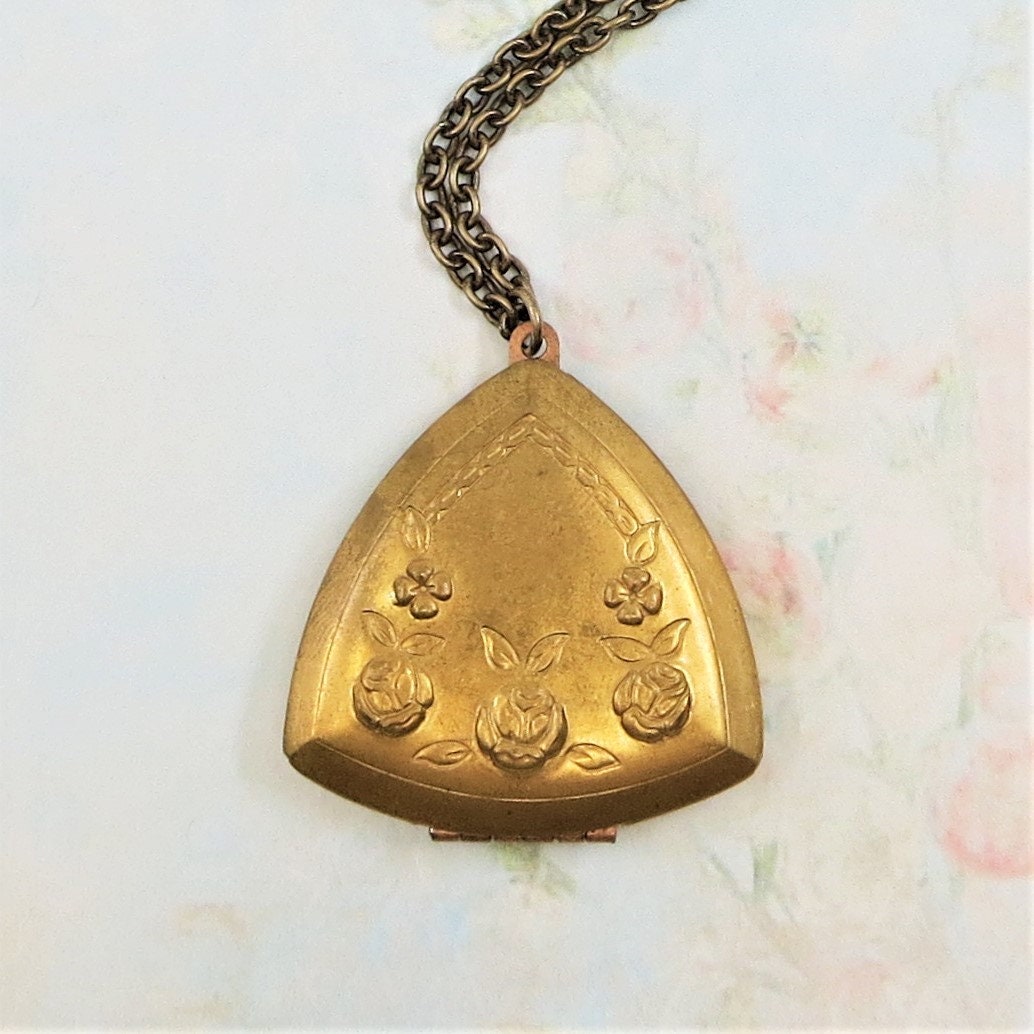 Vintage Locket Triangle Locket Rose Flower Locket Art Deco | Etsy