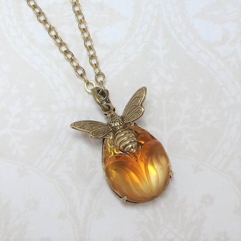 Bee Necklace Pendant Honey Bee Necklace Topaz Vintage Glass - Etsy