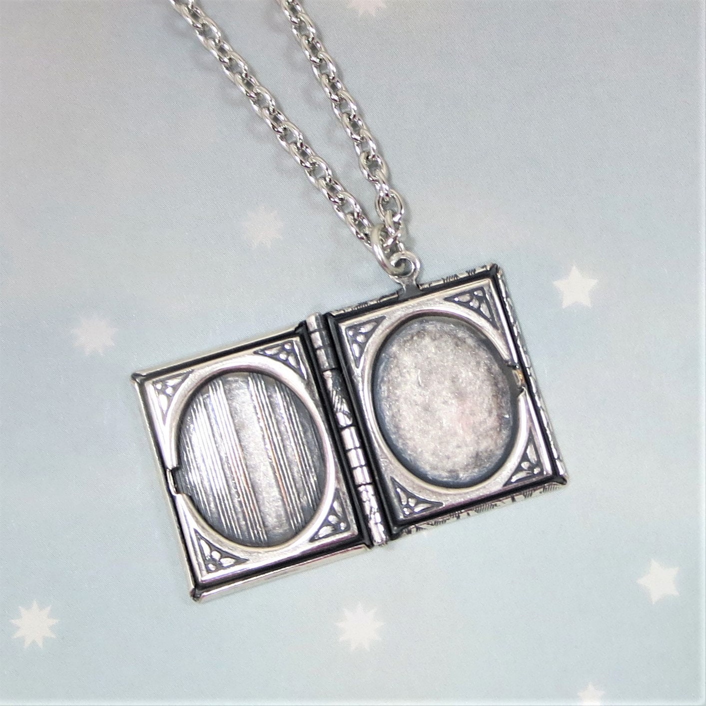 Silver Book Locket Necklace Pendant Rhodium Chain Victorian | Etsy