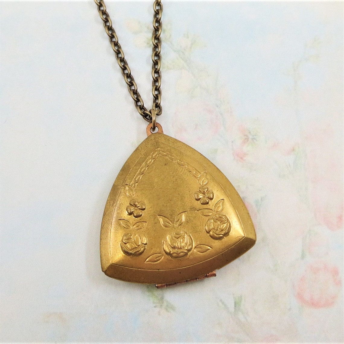 Vintage Locket Triangle Locket Rose Flower Locket Art Deco | Etsy