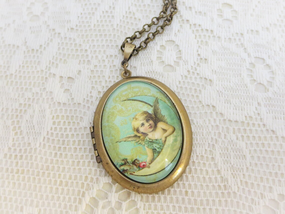 Angel Locket Angel on Moon Locket Art Glass Locket Large Oval - Etsy
