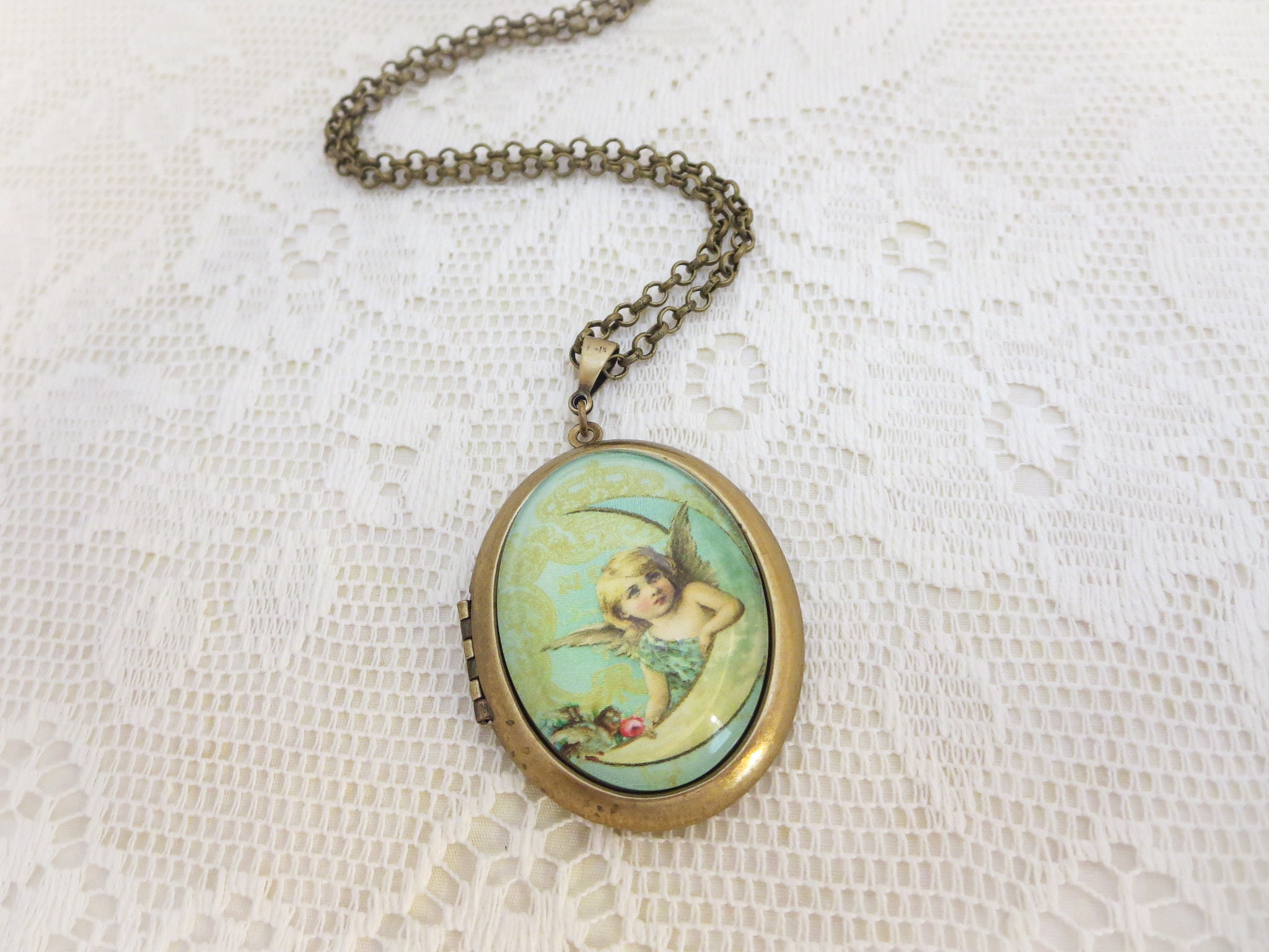 Angel Locket Angel on Moon Locket Art Glass Locket Large Oval | Etsy