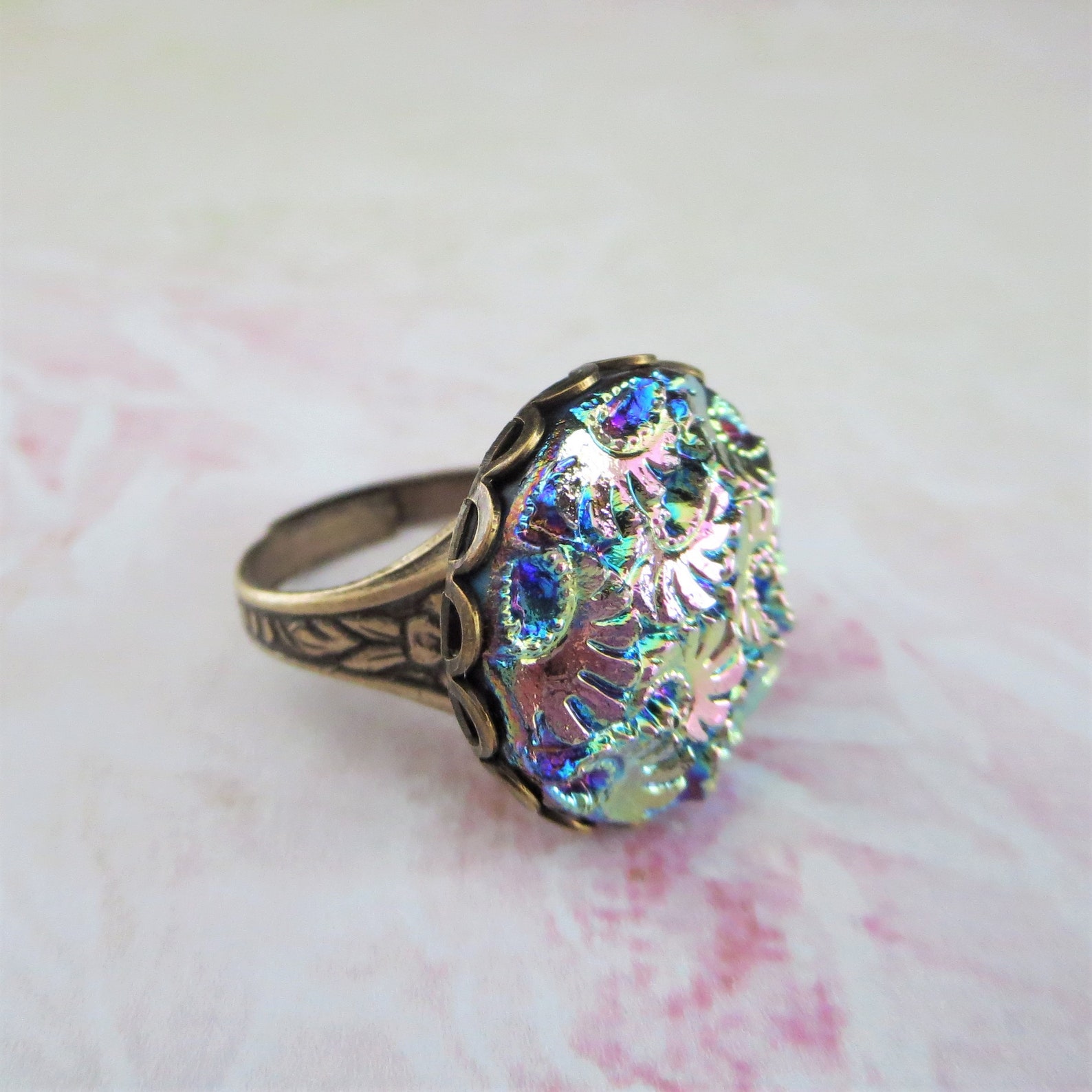 Tapestry Glass Carnival Glass Flower Ring Victorian Style - Etsy