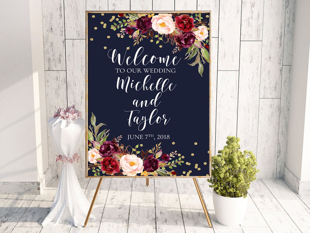 Burgundy Sign, Marsala Welcome Sign, Boho Burgundy Sign, Marsala Floral ...
